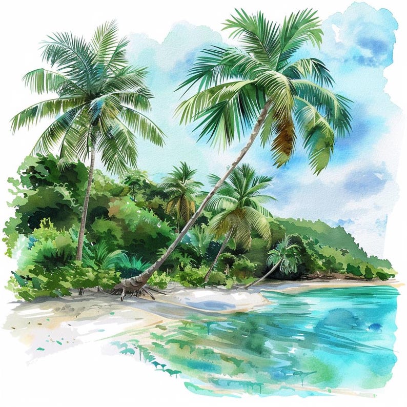 15 Paradise Beach Clipart, Watercolor Tropical Beach Clip Art ...