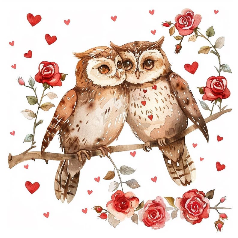 16 Owls in Love Clipart, Watercolor Bird Rose Clip Art, Printable High ...