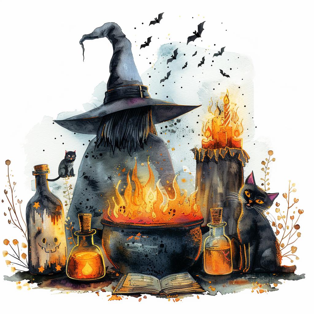 16 Halloween Witch Clipart, Watercolor Flaming Cauldron Clip Art ...