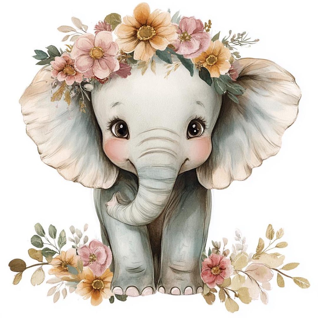 16 Boho Baby Elephant Clipart, Watercolor Floral Elephant Clipart ...