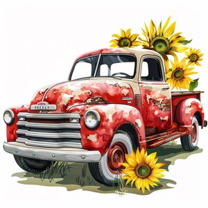 10 Vintage Sunflower Truck Clipart, Watercolor Floral Clip Art ...