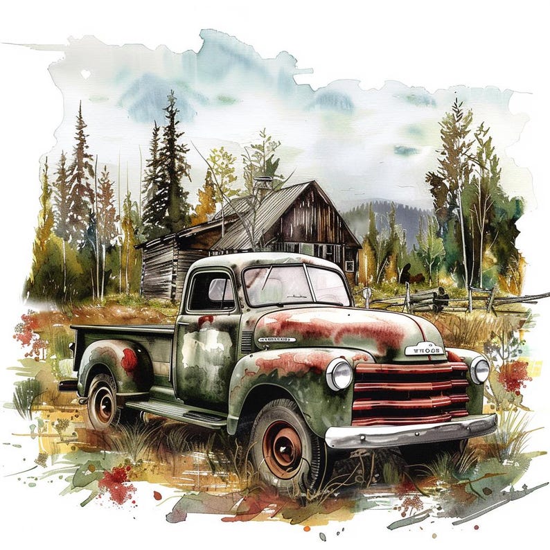 16 Old Truck Clipart, Watercolor Vintage Farm Truck Clip Art, Printable ...