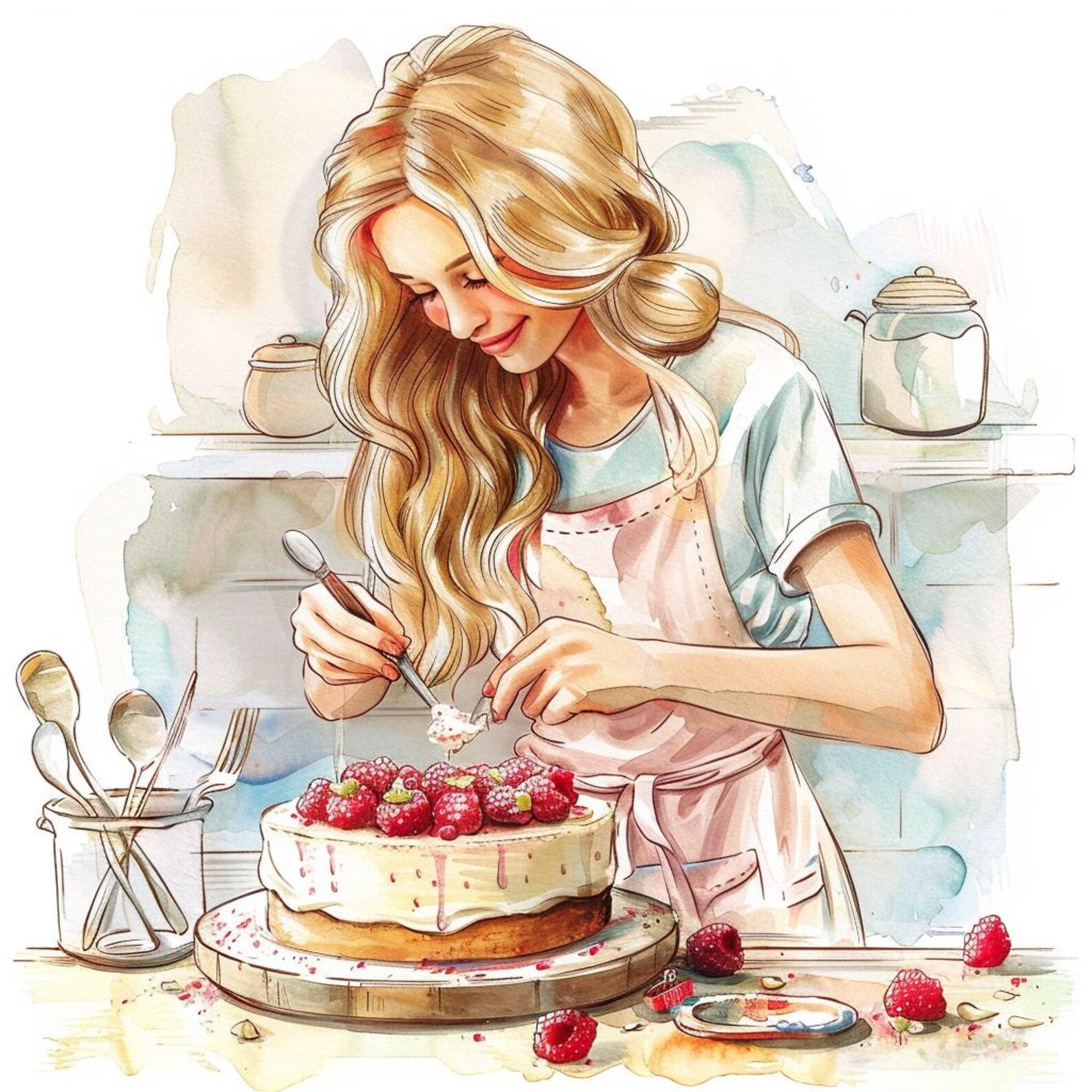 16 Woman Making a Cake Clipart, Watercolor Birthday Cake Clip Art ...