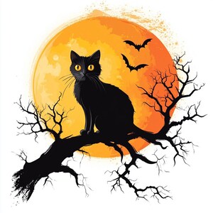 16 Halloween Cat Clipart, Watercolor Halloween Moon Clip Art, Printable ...