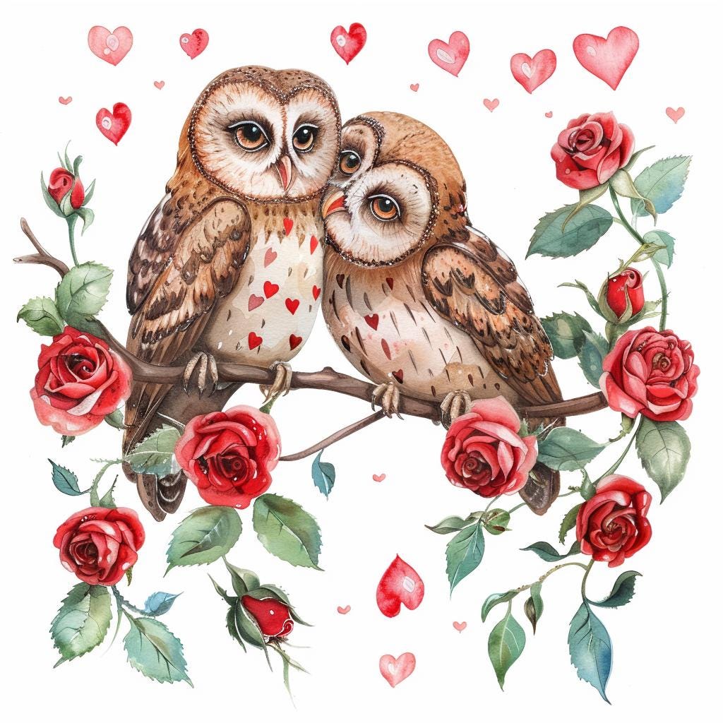 16 Owls in Love Clipart, Watercolor Bird Rose Clip Art, Printable High ...