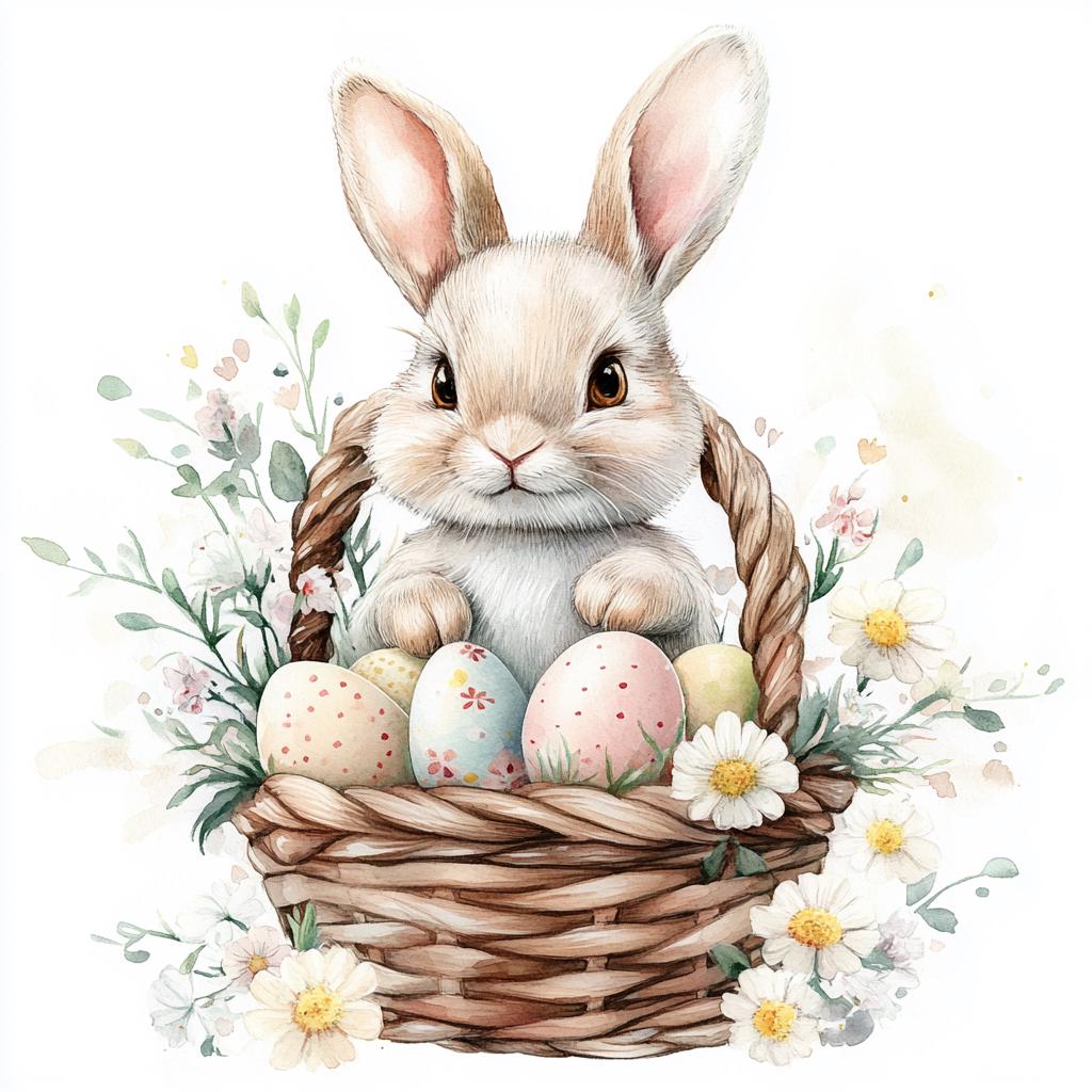 16 Bunny in Easter Basket Clipart, Watercolor Easter Egg Clip Art ...