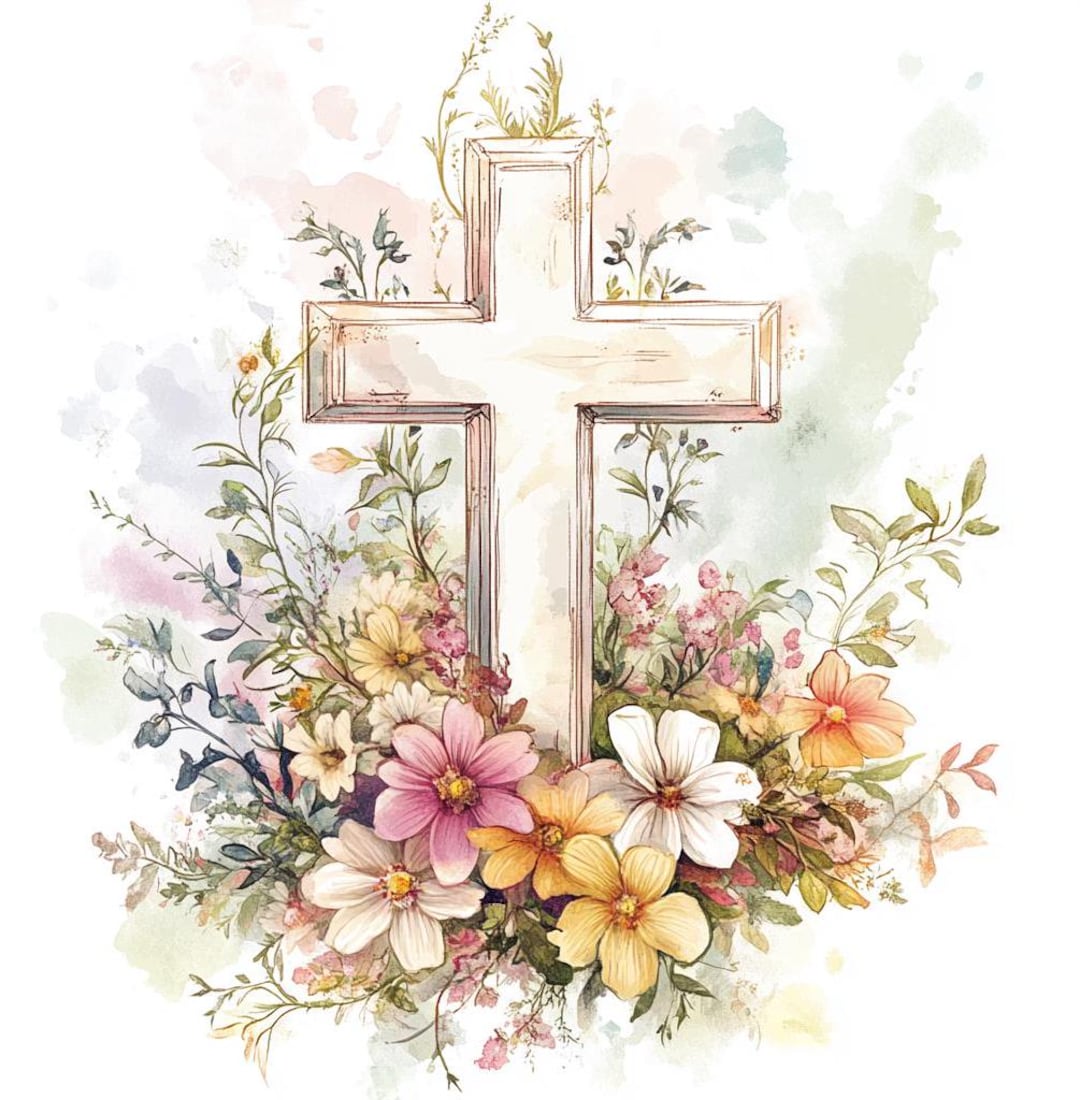 15 Floral Easter Christian Cross Clipart, Watercolor Crucifix Clip Art ...