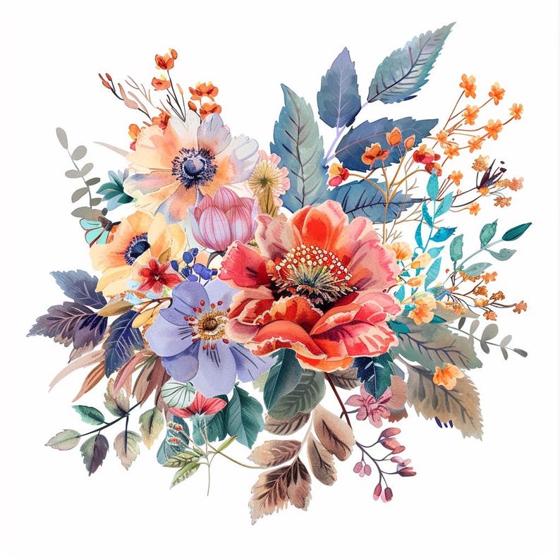 16 Floral Bouquet Clipart, Watercolor Summer Flowers Clip Art ...