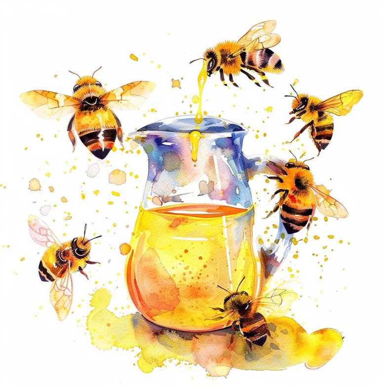 16 Bees and Honey Clipart, Watercolor Honey Jar Clip Art, Printable ...