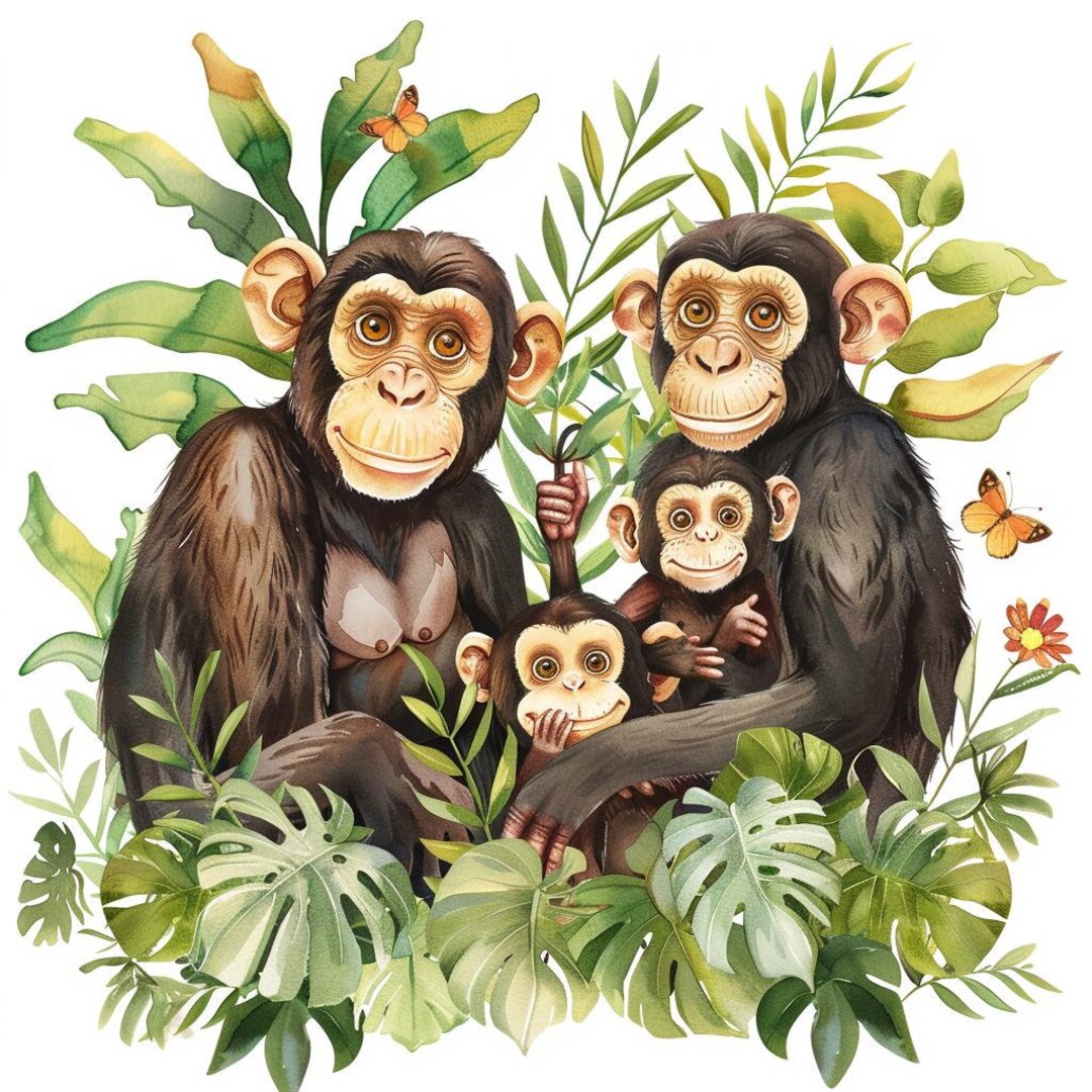 14 Monkey Family Clipart, Watercolor Jungle Clip Art, Printable High ...