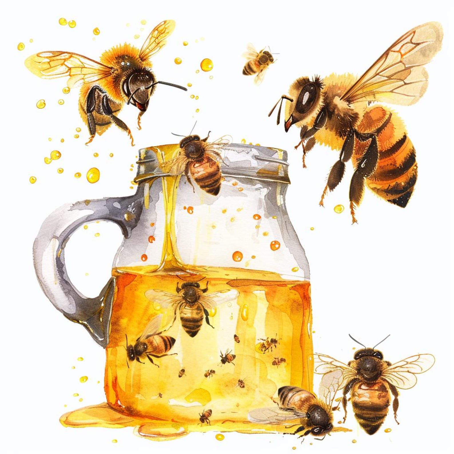 16 Bees and Honey Clipart, Watercolor Honey Jar Clip Art, Printable ...