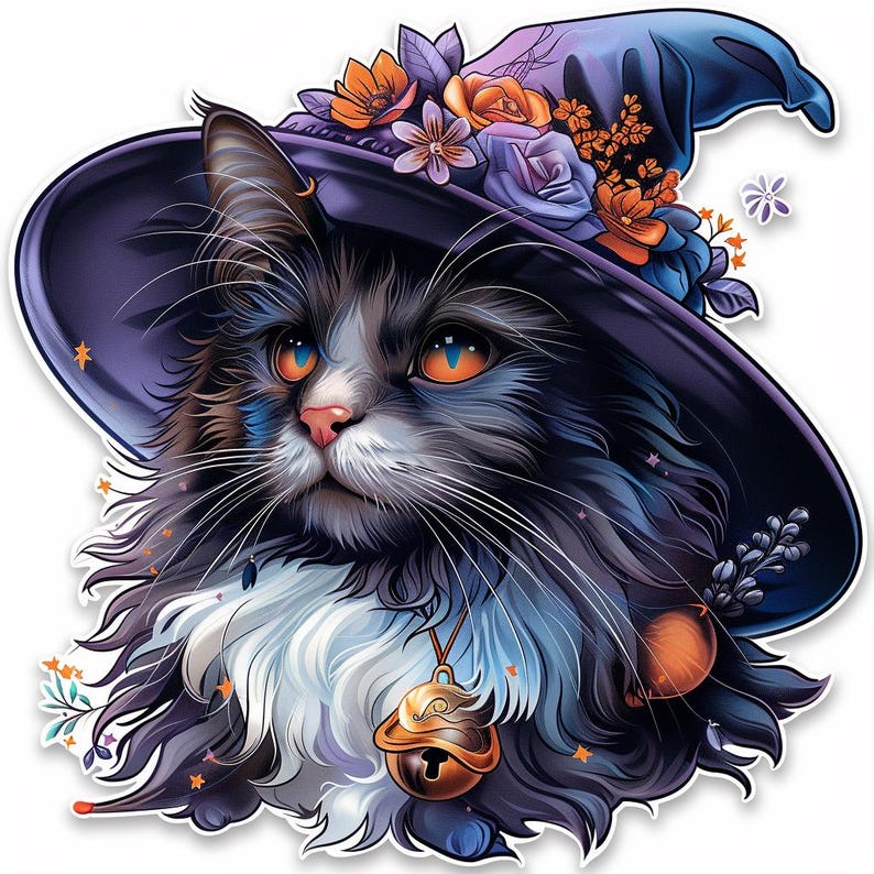 15 Witches Cat Clipart, Watercolor Halloween Kitten Hat Clip Art ...