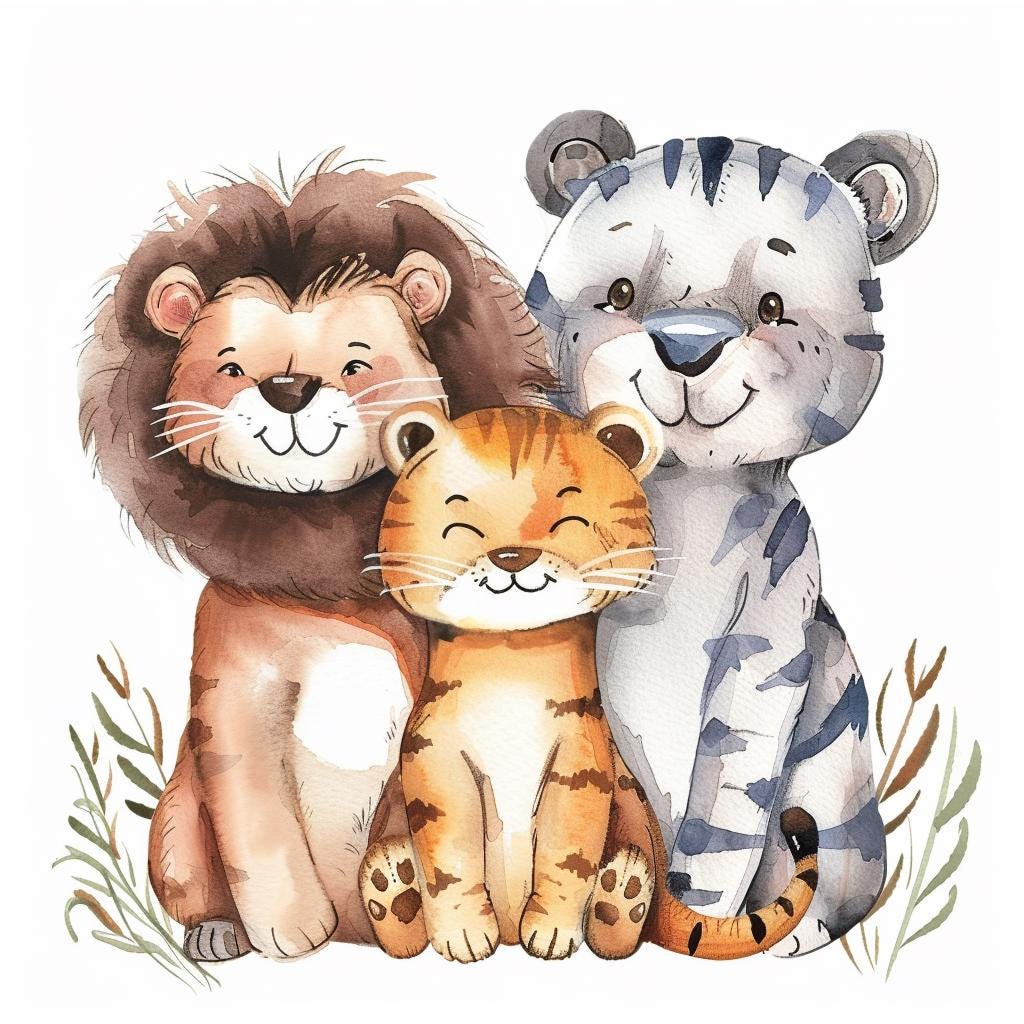 16 Animal Friends Clipart, Watercolor Lion Family Clip Art, Printable ...