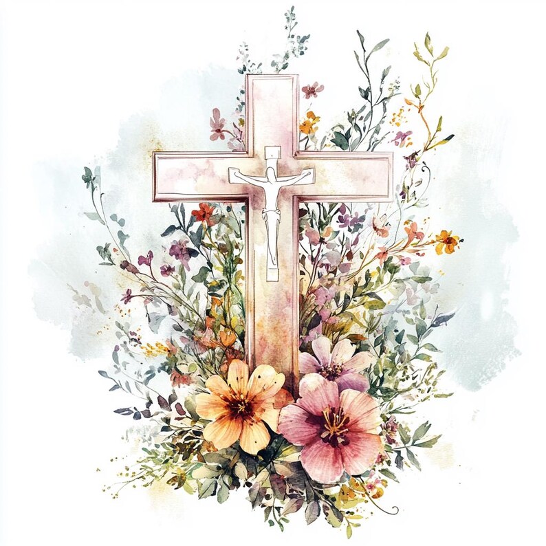 15 Floral Easter Christian Cross Clipart, Watercolor Crucifix Clip Art ...