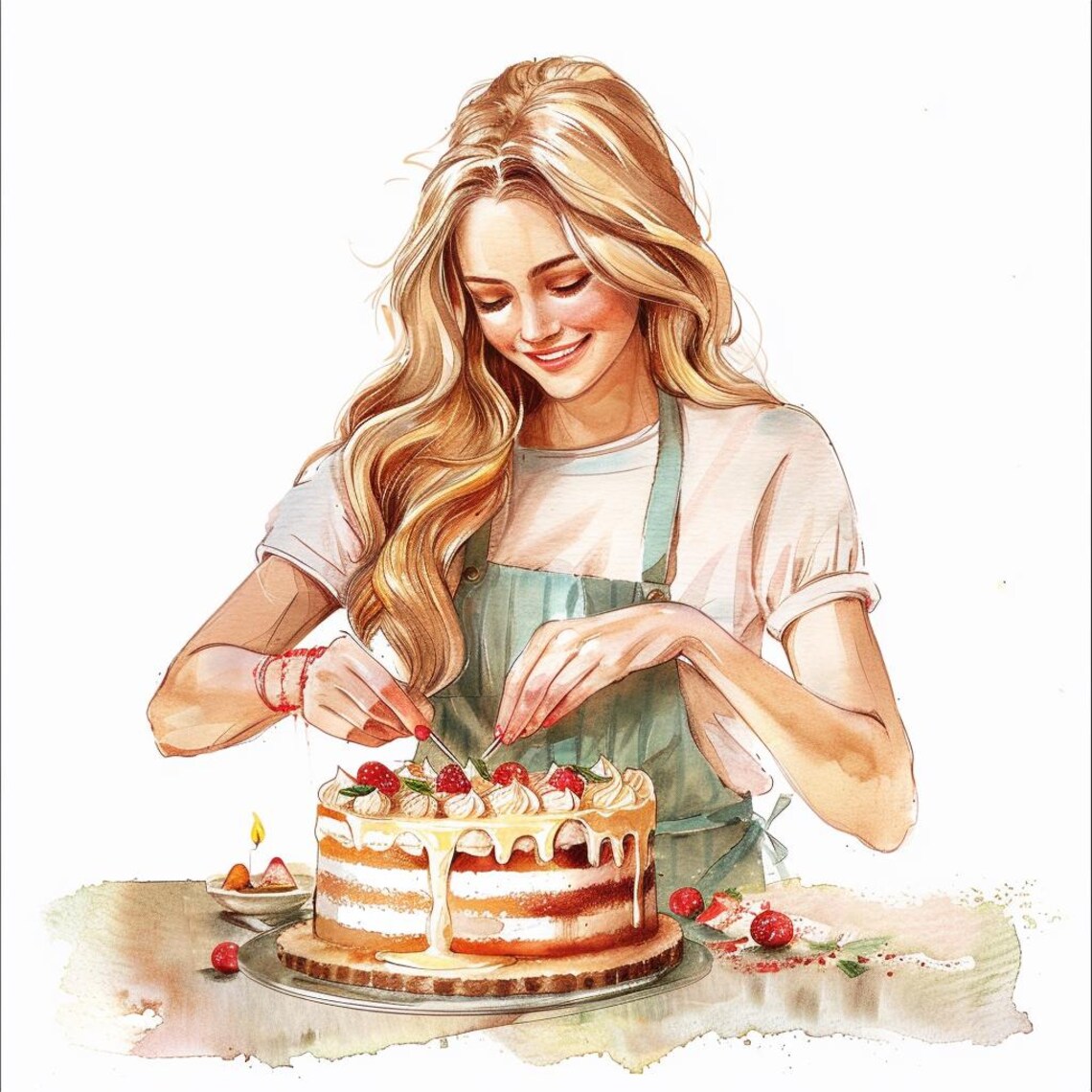 16 Woman Making a Cake Clipart, Watercolor Birthday Cake Clip Art ...