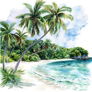 15 Paradise Beach Clipart, Watercolor Tropical Beach Clip Art ...