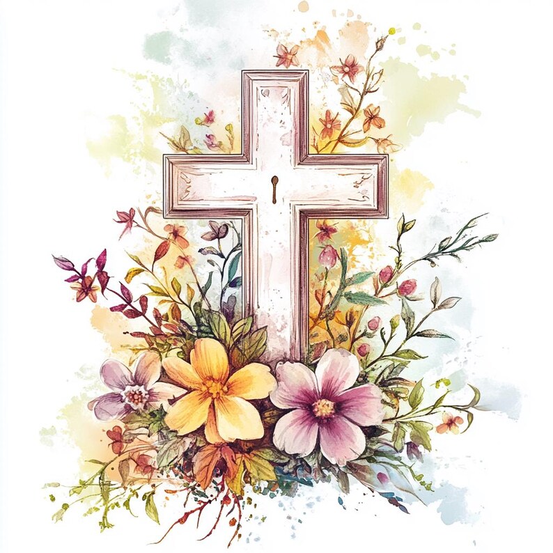 15 Floral Easter Christian Cross Clipart, Watercolor Crucifix Clip Art ...