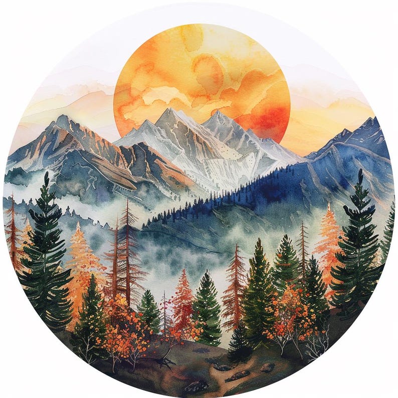 16 Mountain Circle Clipart, Watercolor Mountain Landscape Clipart ...