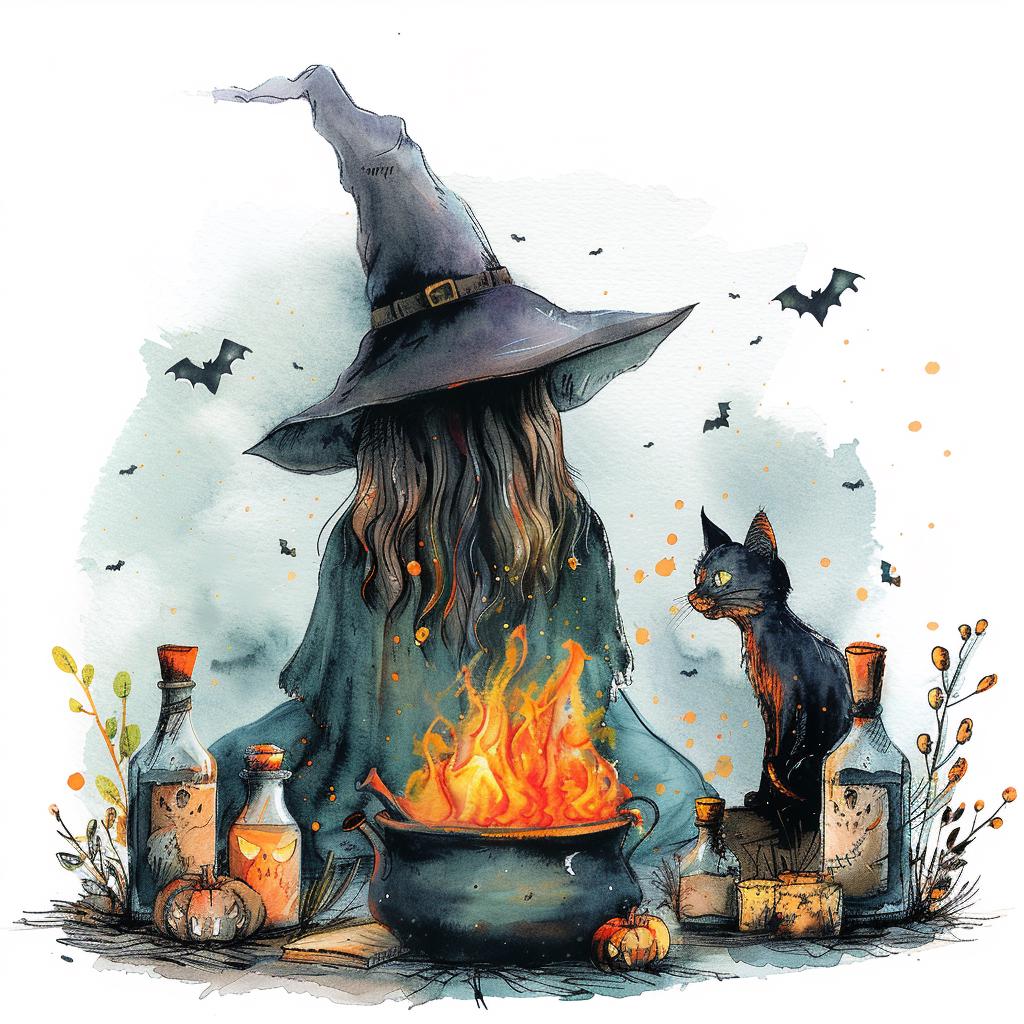 16 Halloween Witch Clipart, Watercolor Flaming Cauldron Clip Art ...