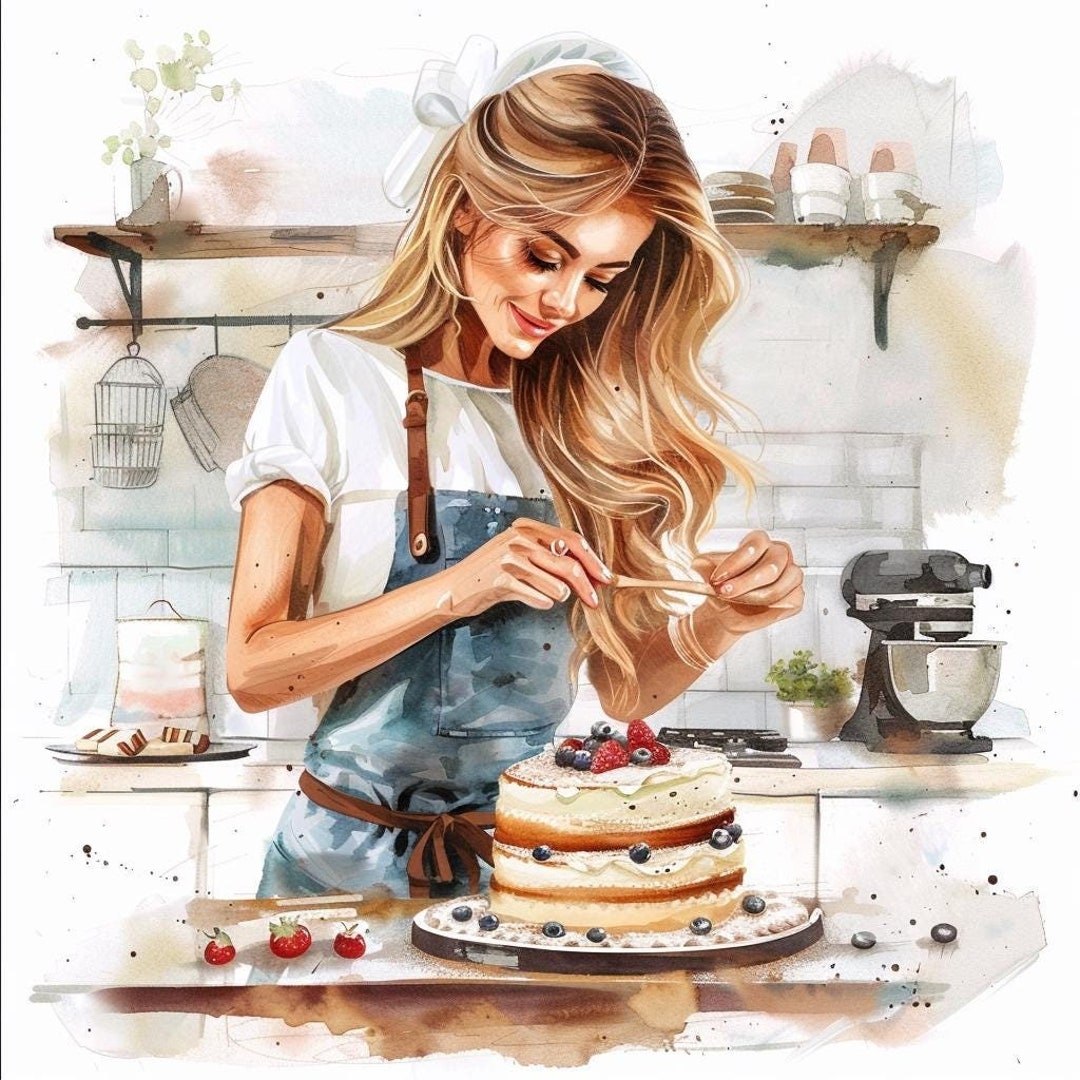 16 Woman Making a Cake Clipart, Watercolor Birthday Cake Clip Art ...