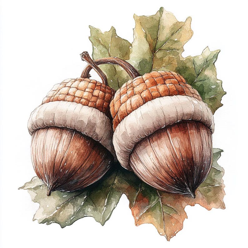 16 Autumn Acorns Clipart, Watercolor Autumn Leaves Tree Clip Art ...