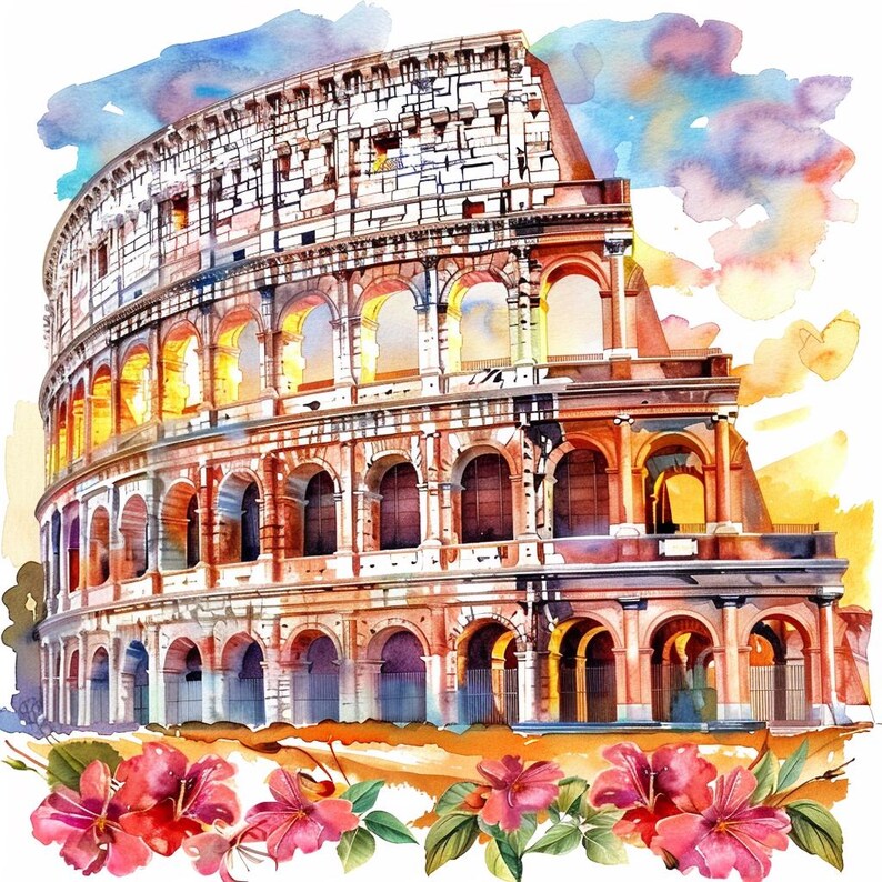 12 Colorful Colosseum Clipart, Watercolor Rome Italy Clip Art ...