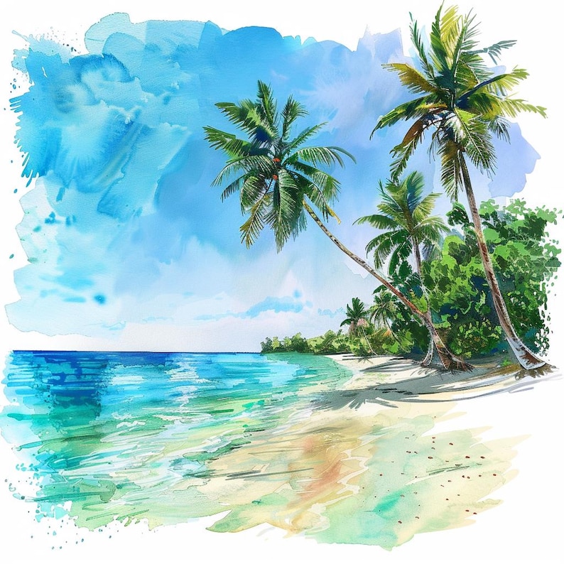 15 Paradise Beach Clipart, Watercolor Tropical Beach Clip Art ...