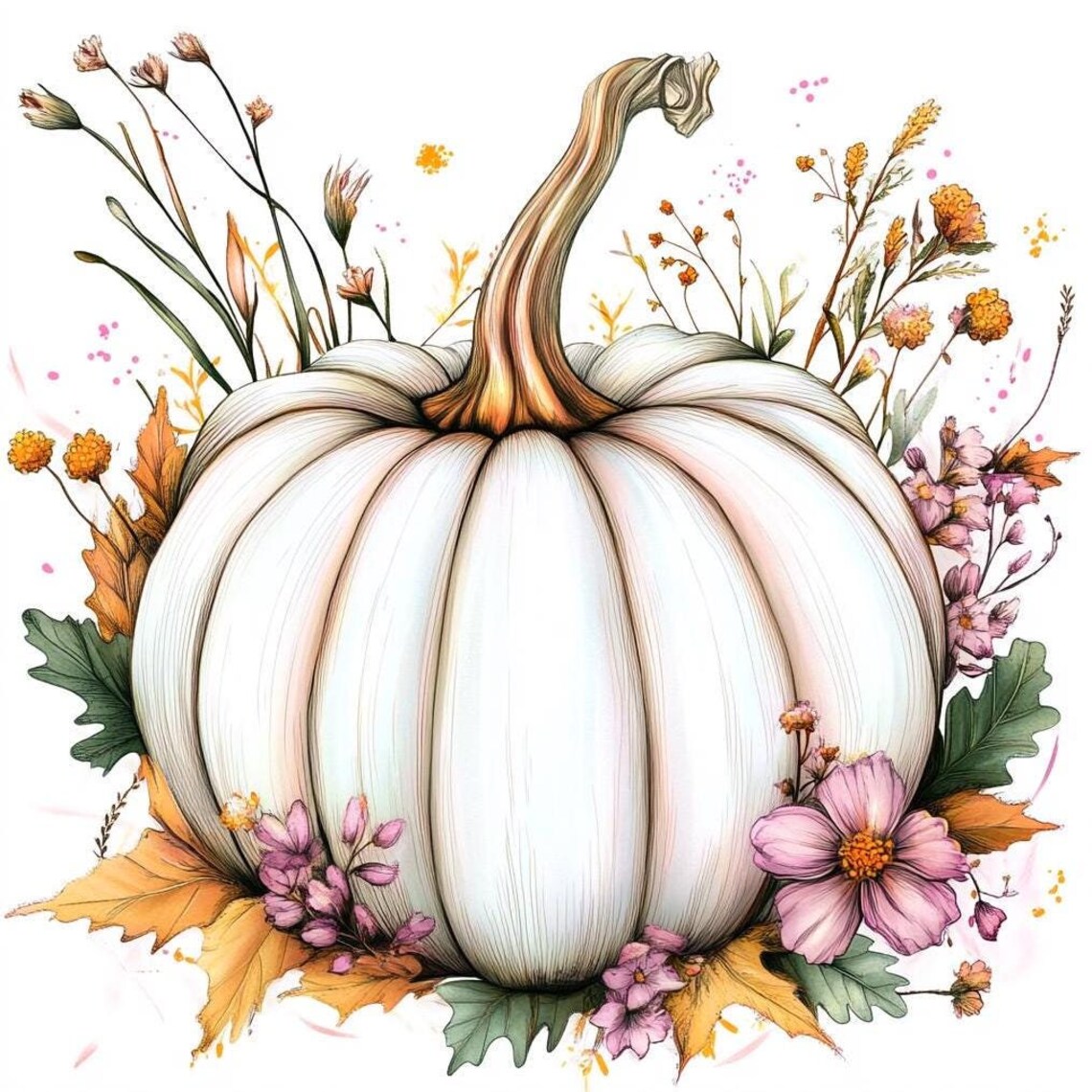 16 Delicate Floral Pumpkin Clipart, Watercolor Autumn Clip Art ...