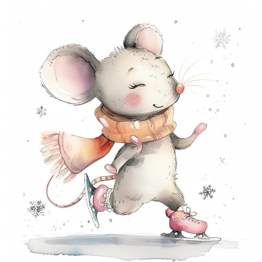 16 Mouse Skating Clipart, Watercolor Winter Animal Clip Art, Printable High Quality Jpgs ...