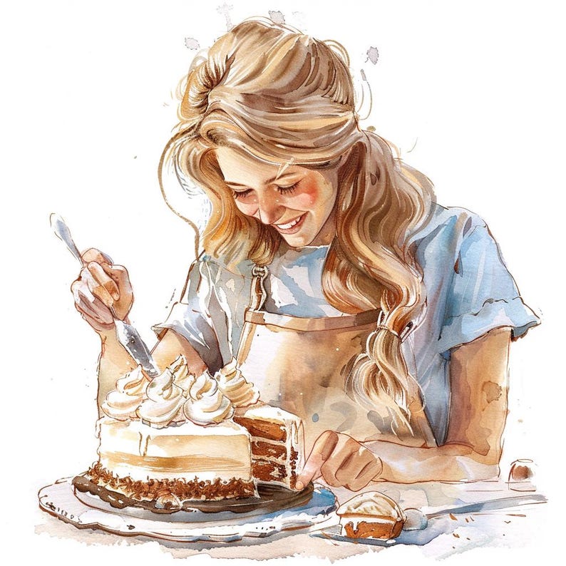 16 Woman Making a Cake Clipart, Watercolor Birthday Cake Clip Art ...