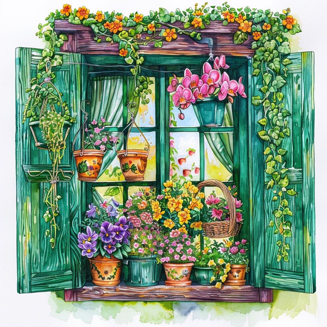 15 Floral Window Clipart, Watercolor Vintage Shutters Clip Art ...