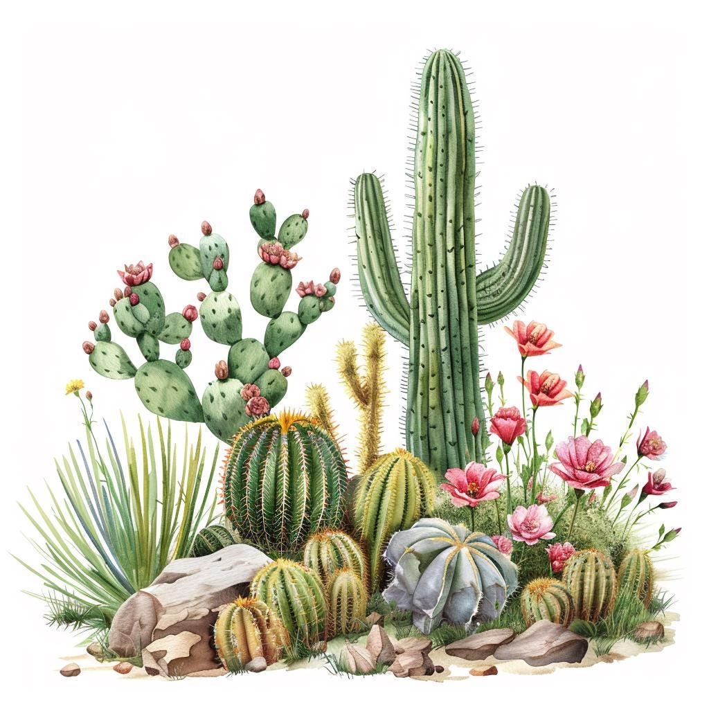 20 Blooming Cactus Clipart, Watercolor Desert Flower Clip Art ...