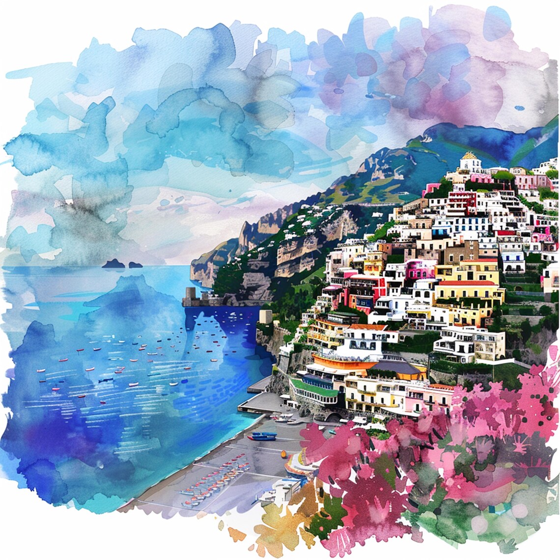 16 Amalfi Coast Clipart, Watercolor Positano Clip Art, Printable High ...