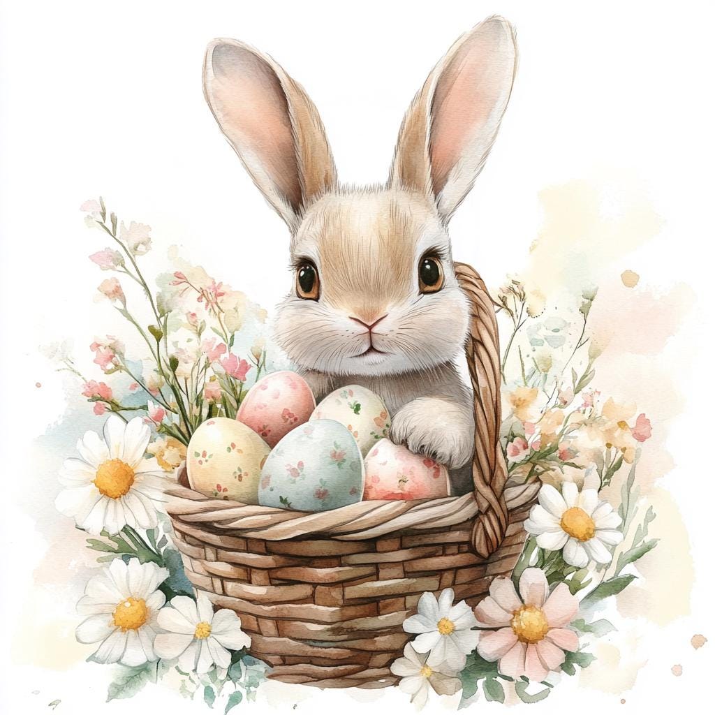 16 Bunny in Easter Basket Clipart, Watercolor Easter Egg Clip Art ...
