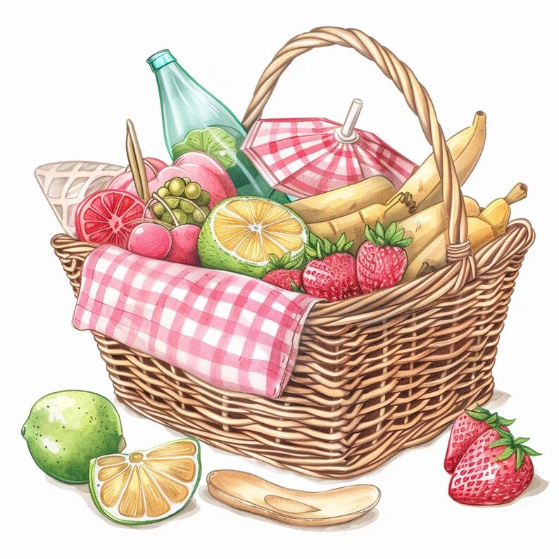 16 Picnic Basket Clipart, Watercolor Summer Picnic Clip Art, Printable ...