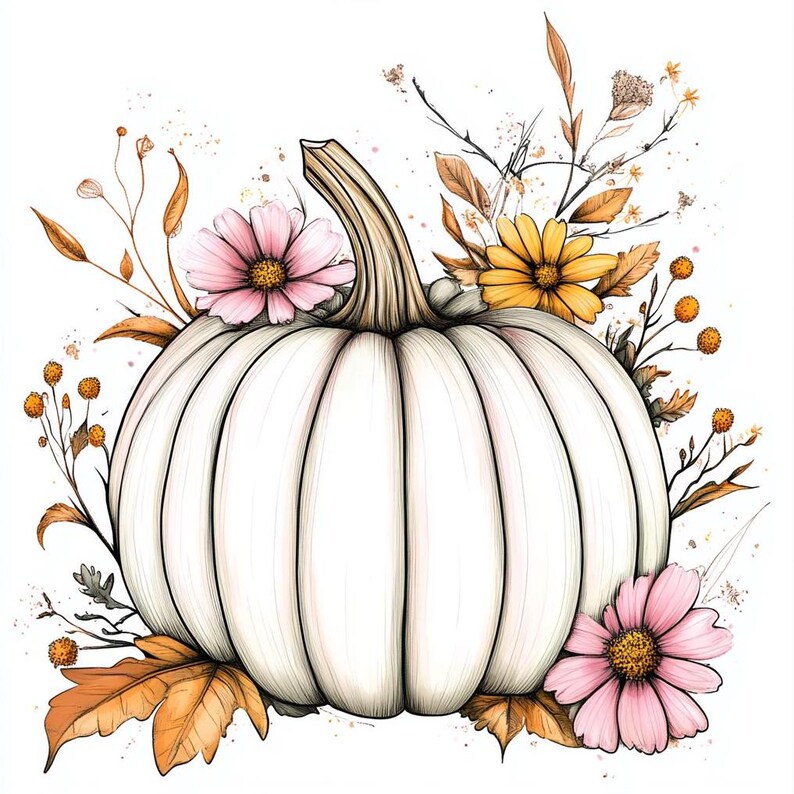 16 Delicate Floral Pumpkin Clipart, Watercolor Autumn Clip Art ...