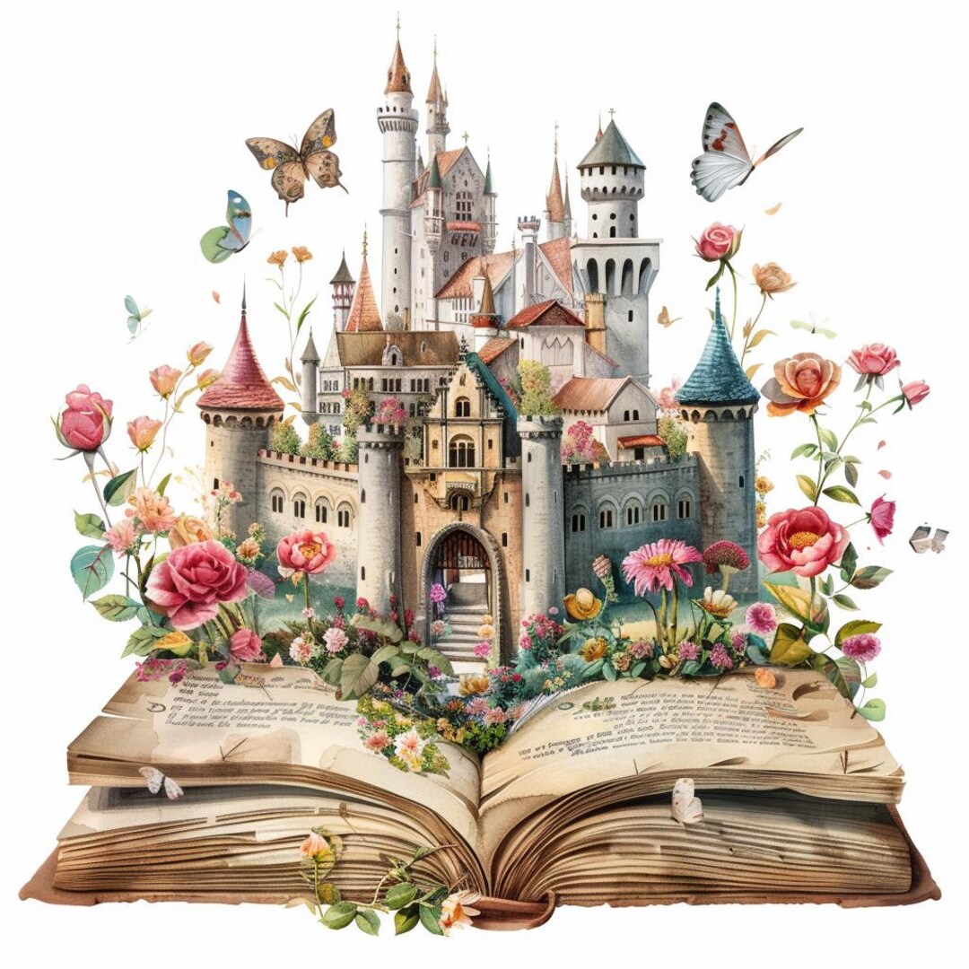 Watercolor Fairytale Castle Clipart: Floral Book Art (digital Download ...