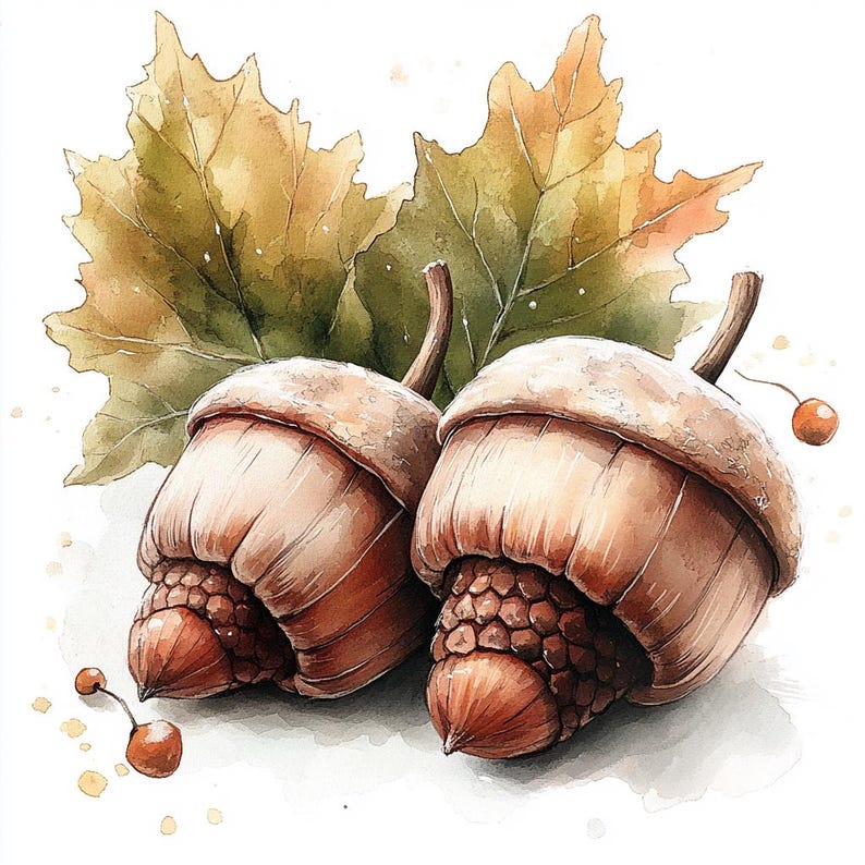 16 Autumn Acorns Clipart, Watercolor Autumn Leaves Tree Clip Art ...