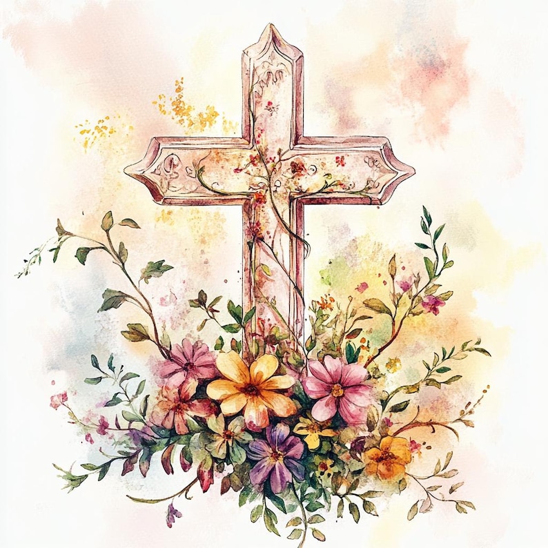 15 Floral Easter Christian Cross Clipart, Watercolor Crucifix Clip Art ...