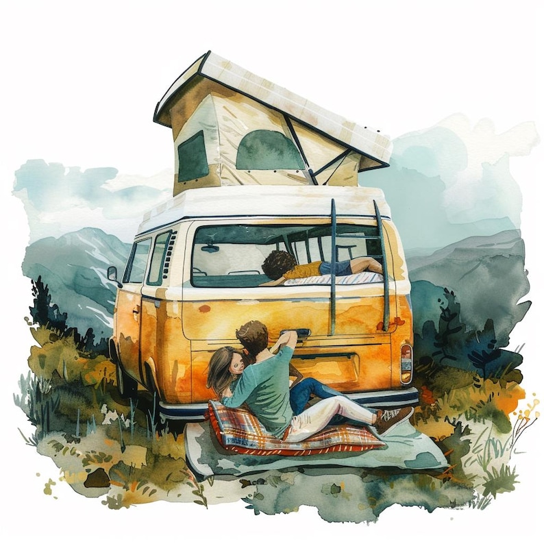 12 Couple Campervan Clipart, Watercolor Camper Clip Art, Printable High ...