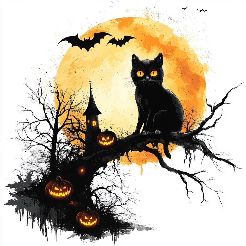 16 Halloween Cat Clipart, Watercolor Halloween Moon Clip Art, Printable ...
