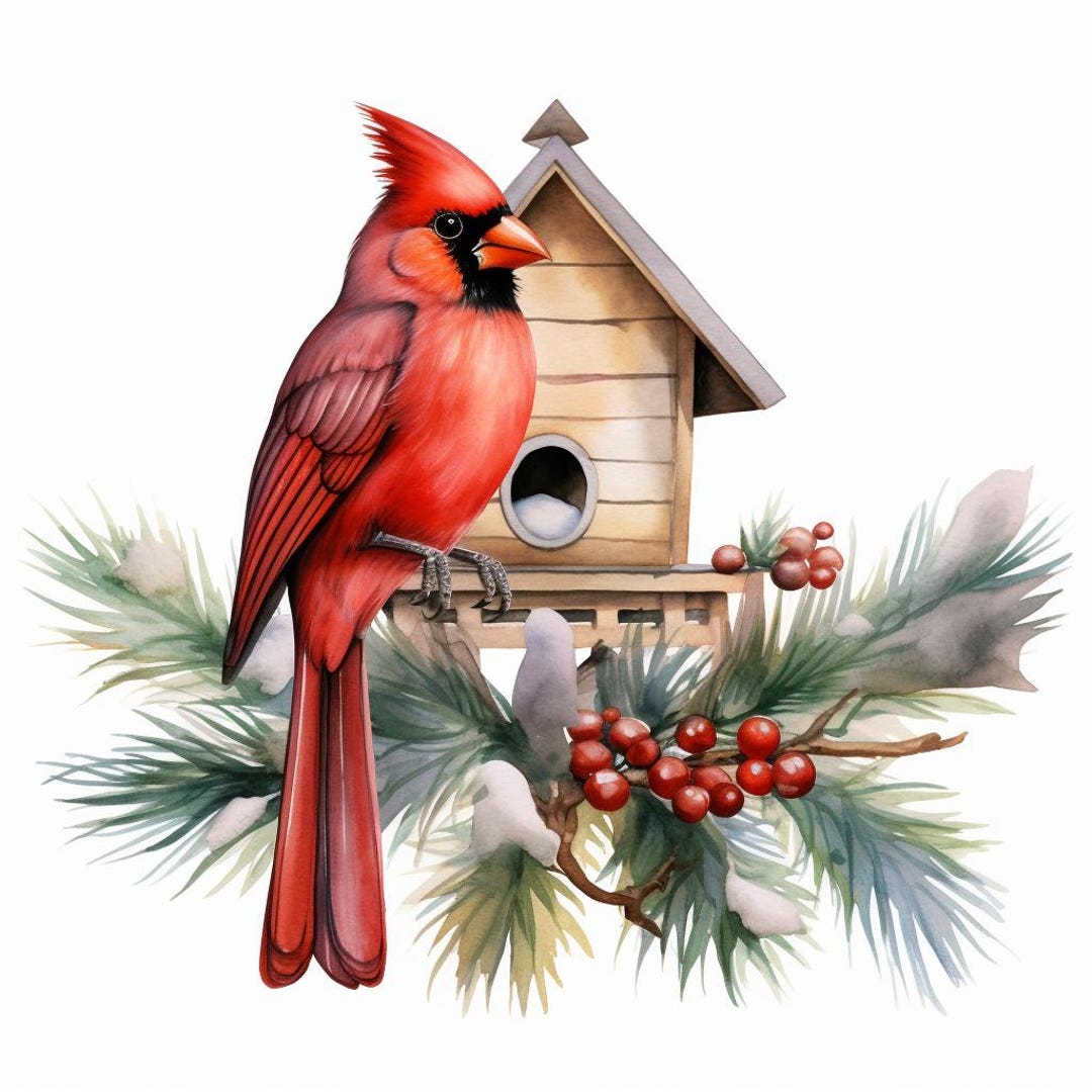 16 Christmas Cardinal Bird Clipart, Watercolor Birdhouse Clip Art ...