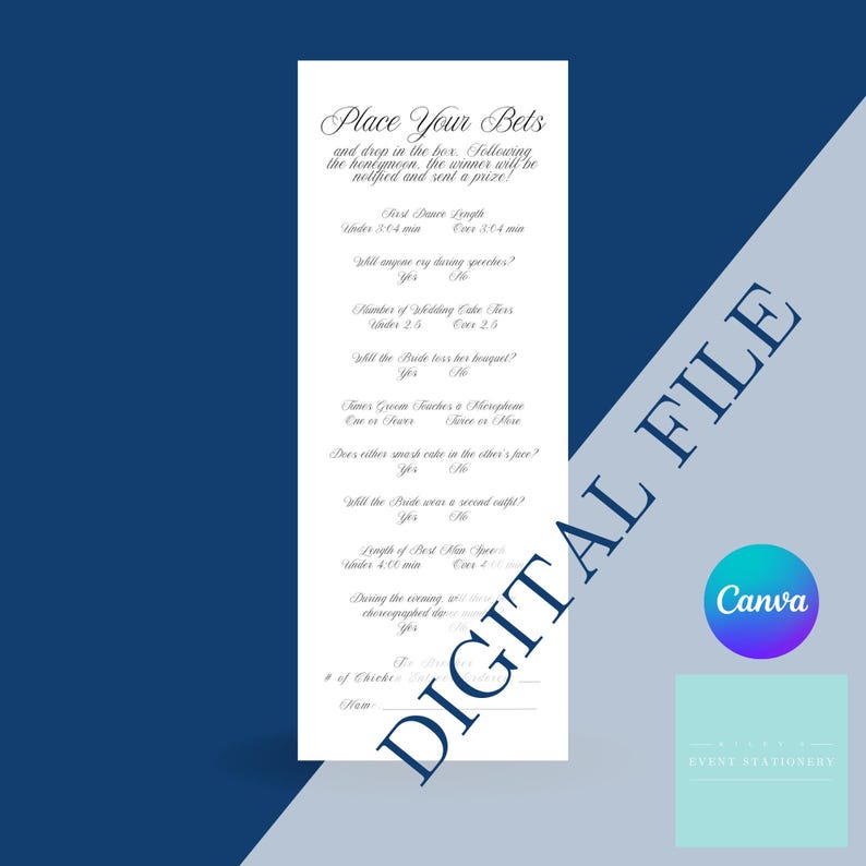 Elegant Place Your Bets Card Digital File (2 per Page) - Custom Wedding ...