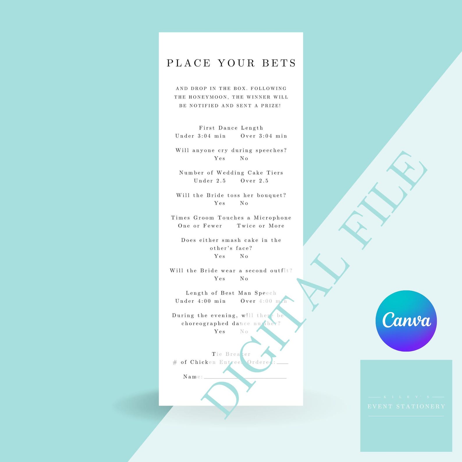 Traditional Place Your Bets Card Digital File (2 per Page) - Custom ...