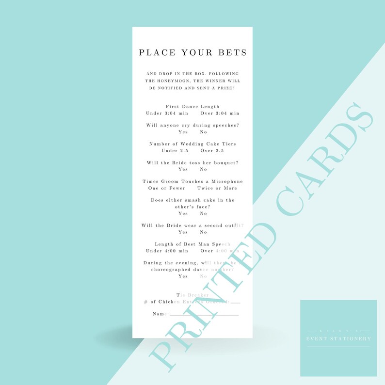 Traditional Place Your Bets Card - Custom Wedding Bet Card 4.25x11 ...