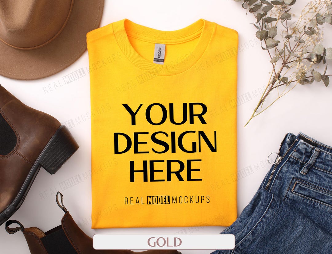 Gildan 5000 Flat Lay Mockup - Gold | Tshirt Mock Up, Casual Boho Flat ...