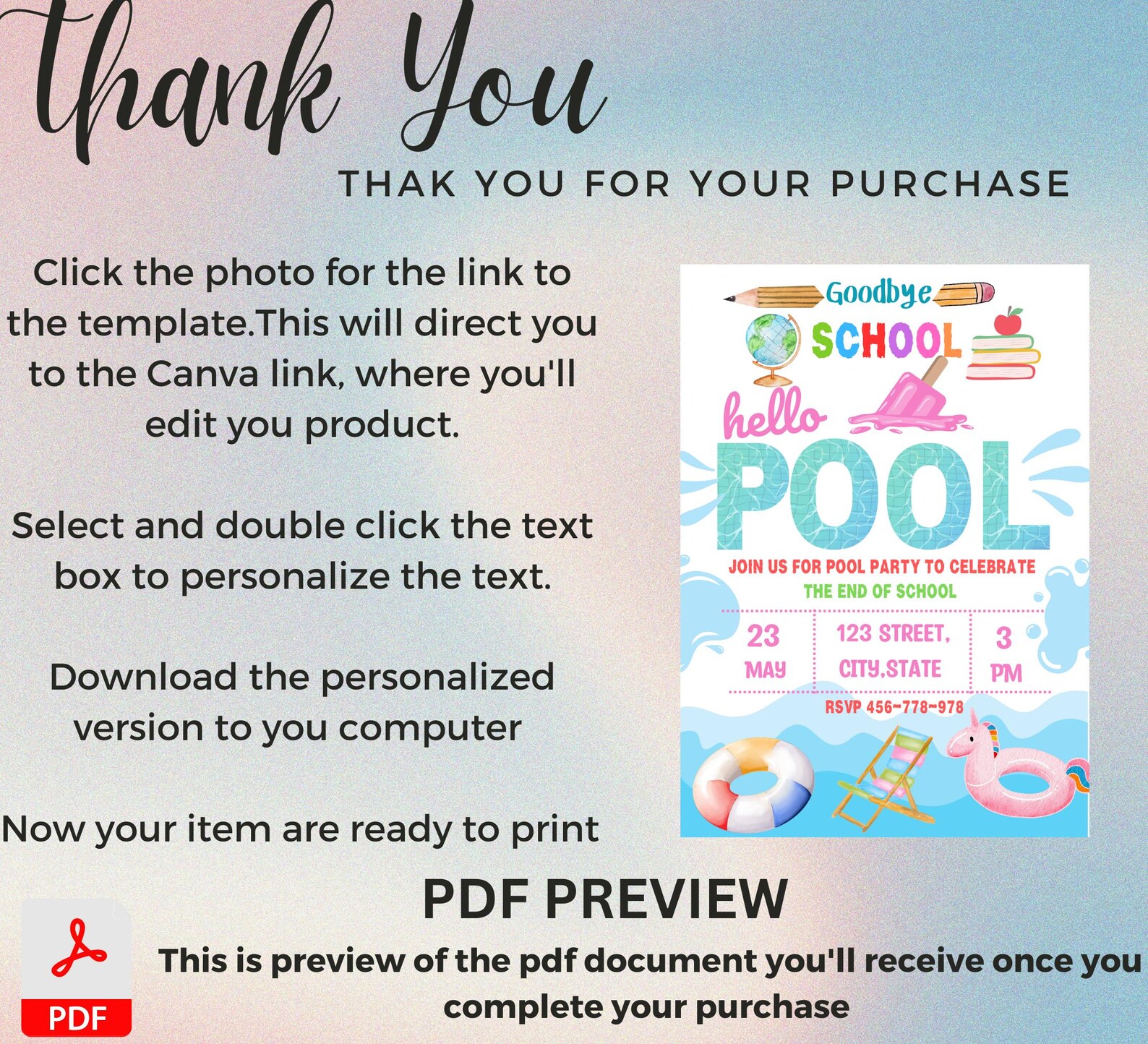 End of School Pool Party Invitation, Printable Digital Invite, Goodbye ...