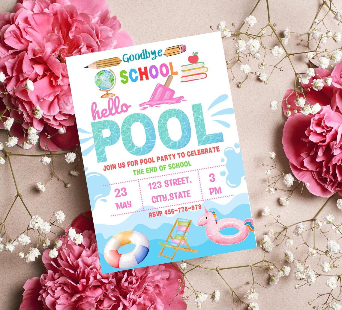 End of School Pool Party Invitation, Printable Digital Invite, Goodbye ...