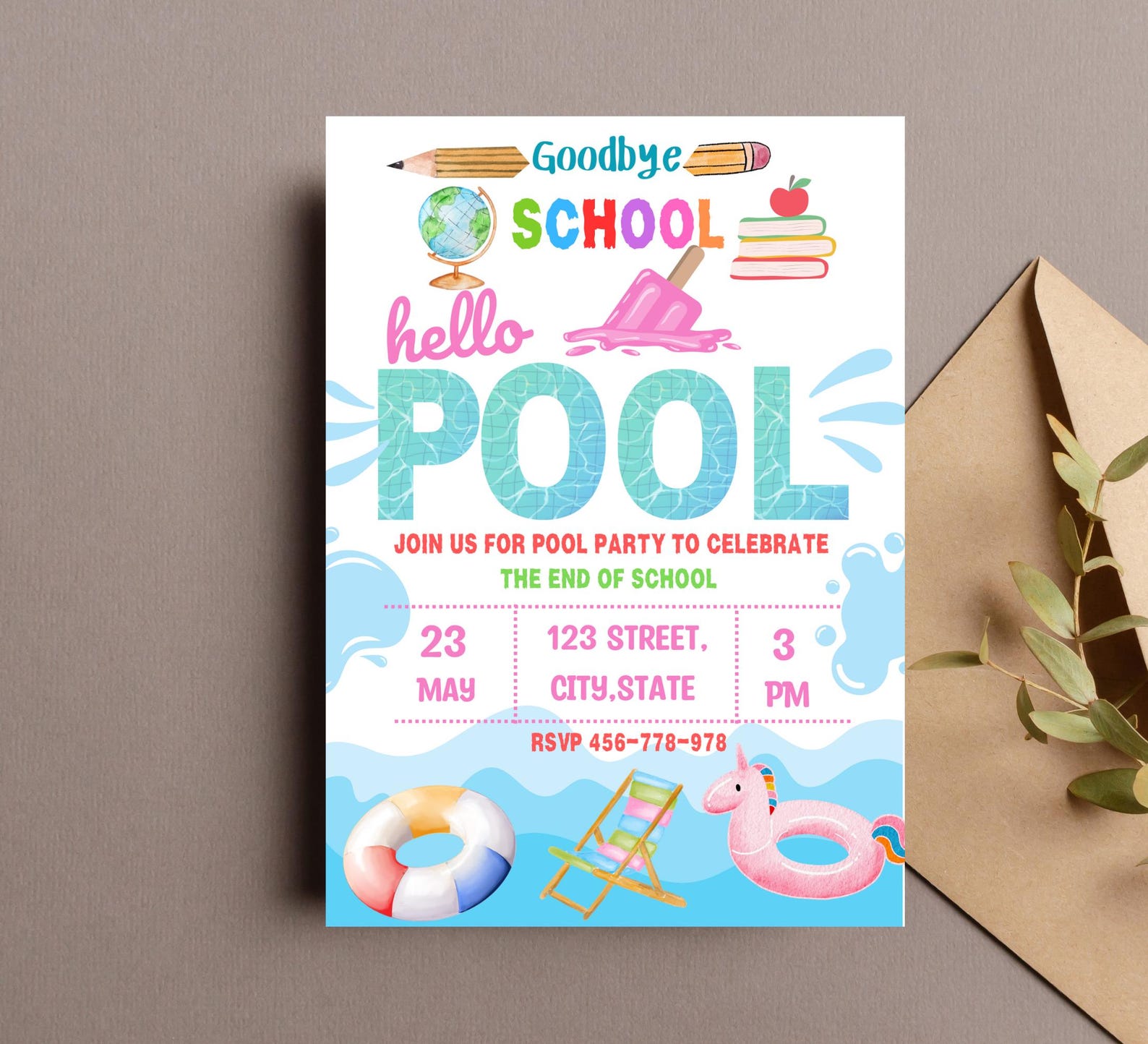 End of School Pool Party Invitation, Printable Digital Invite, Goodbye ...