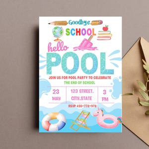 End of School Pool Party Invitation, Printable Digital Invite, Goodbye ...